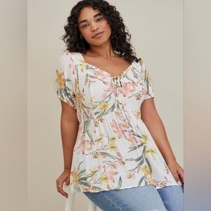 torrid | Tops | Torrid Floral White Babydoll Crinkle Gauze Smocked Back ...